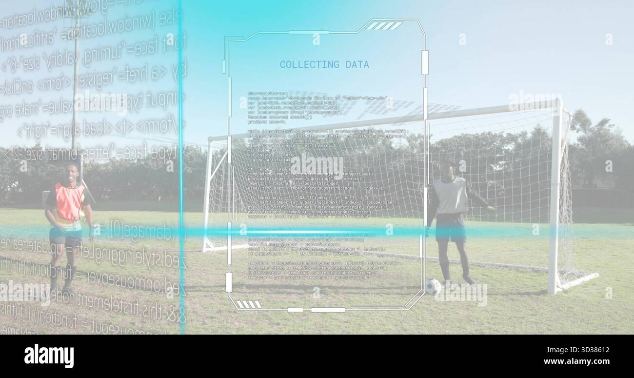 Standing duo wearing vests monitoring AR interface on grass soccer ...