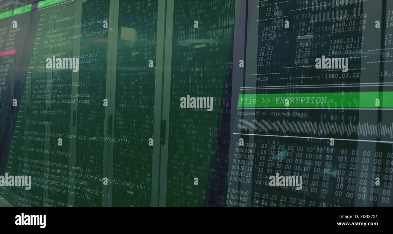 Displaying encryption interface window at server aisle, with cabinets ...