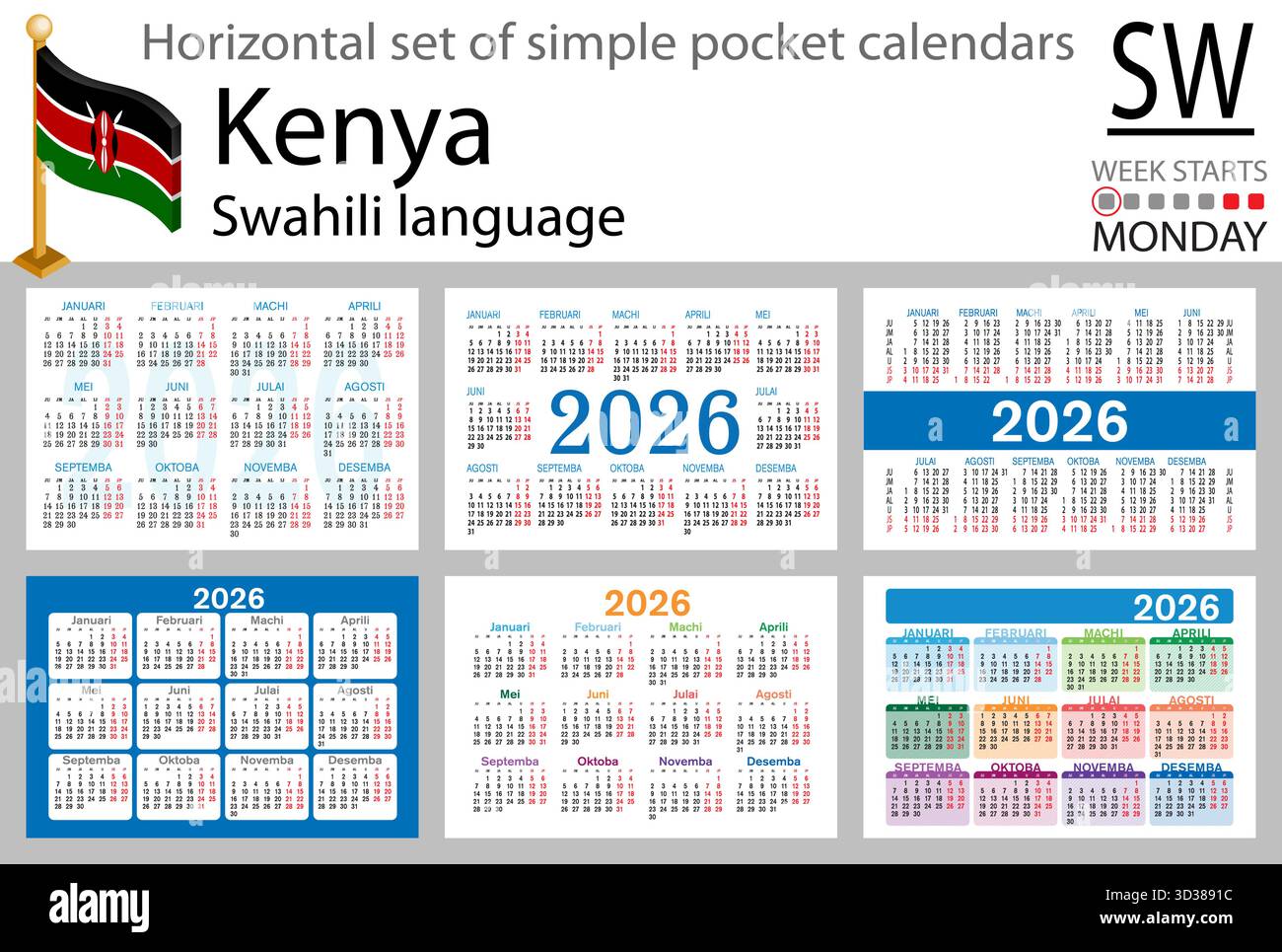 Kenya horizontal Set of pocket calendars for 2026 (Two thousand twenty ...