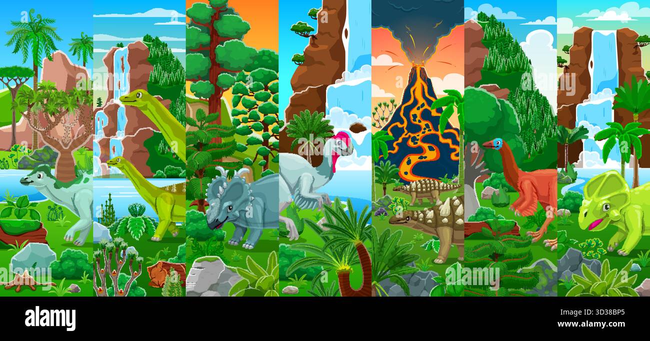 Cartoon prehistoric dinosaur characters collage. Vector dino species ...
