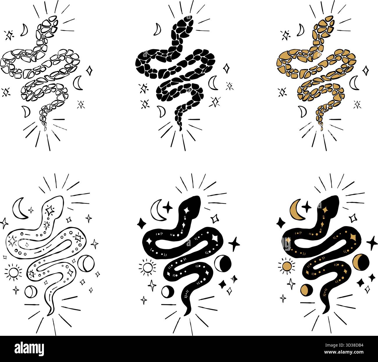 Mystical Snake Doodle. Astrology reptile with Moon, Sun and Stars Set ...