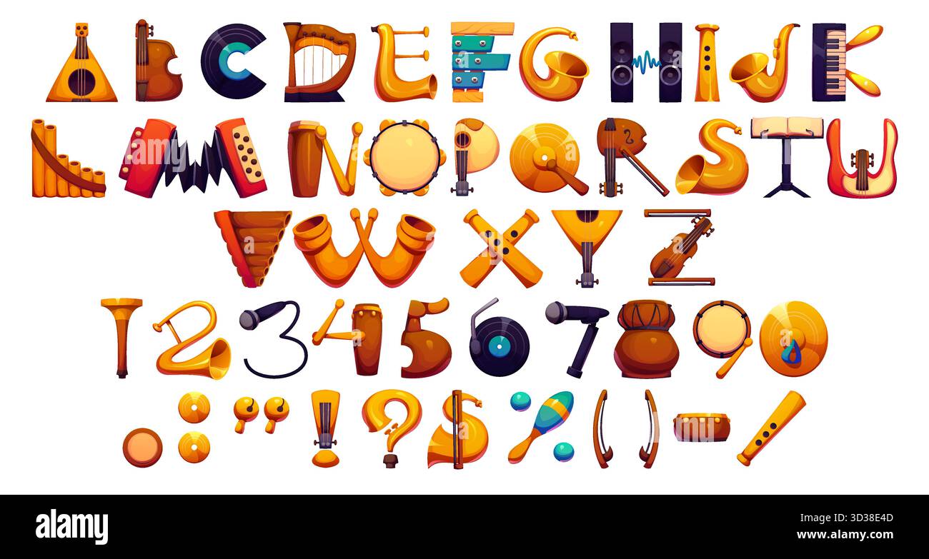Cartoon musical font of music instruments typeface, entertainment funny ...