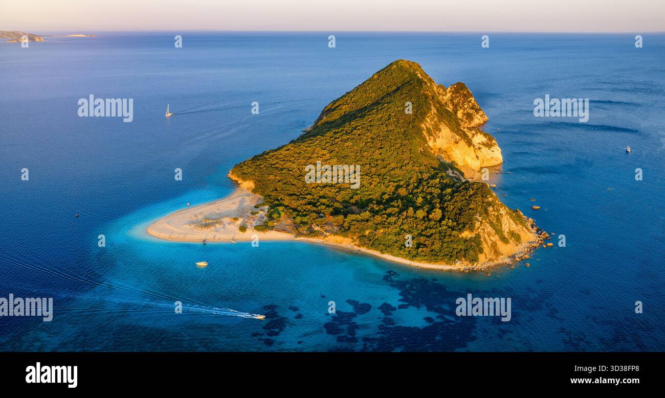 Aerial view of the island of Marathonisi called Turtle island in the ...