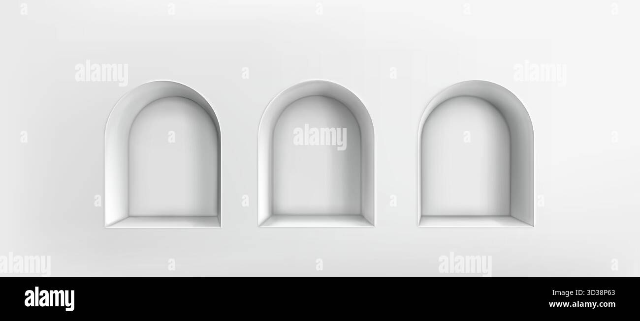 White 3d niche shelf set with arched frame openings in empty wall ...