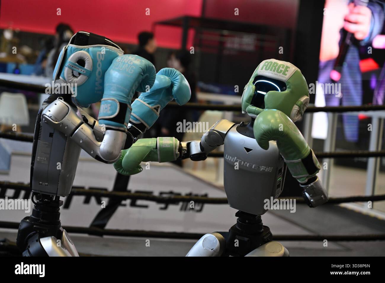 05 November 2025, China, Shanghai: Two robots engage in a boxing match ...