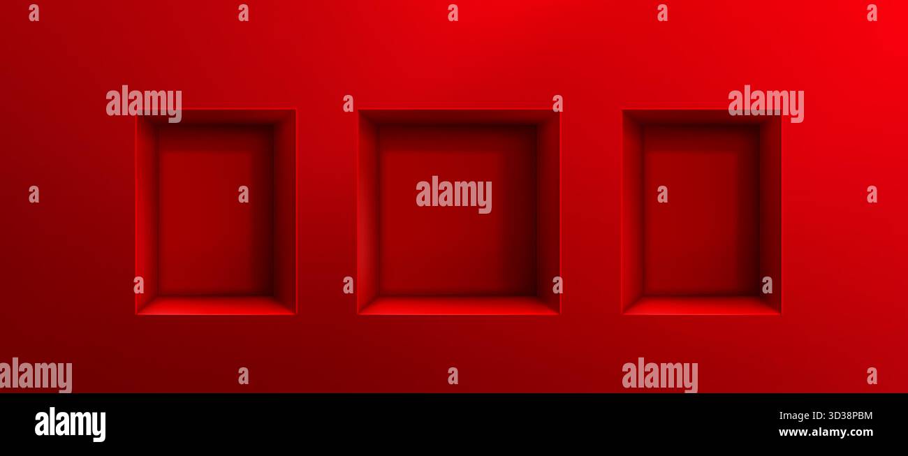 Red 3d niche shelf boxes with empty square frame hole in wall ...