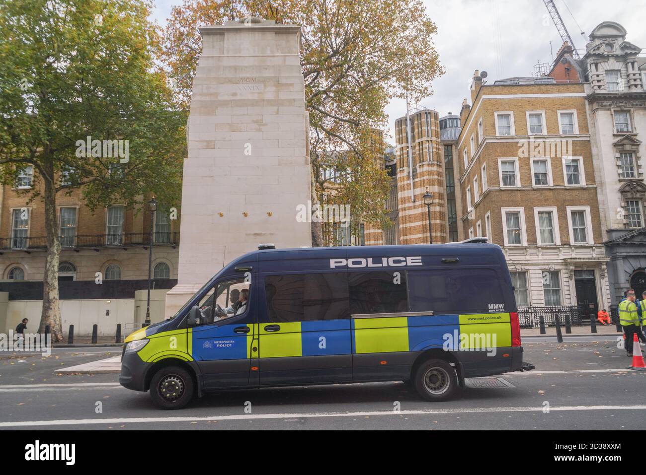 5 November 2025. A police van passes the cenotaph memorial in Whitehall ...