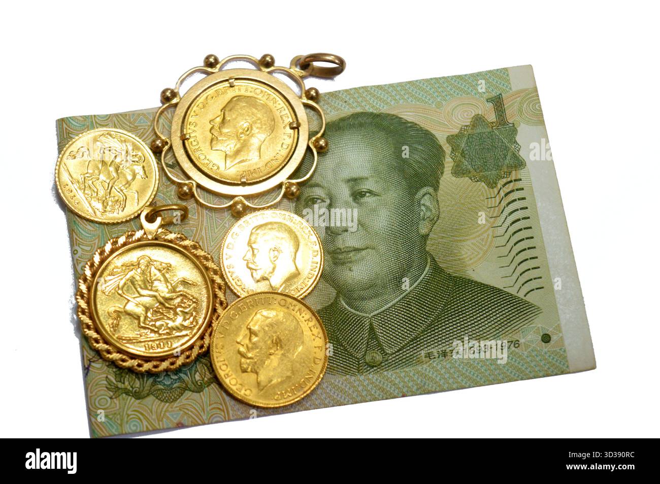 Chinese Yuan CNY money banknote bill and King George V gold sovereign ...