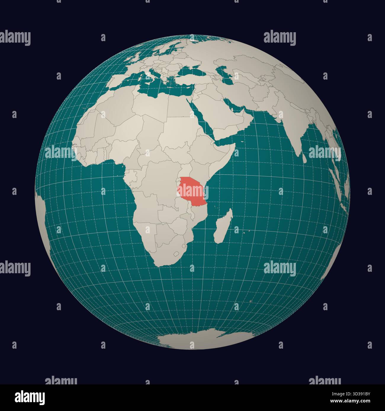 United Republic of Tanzania on the map. Globe centered on Tanzania ...