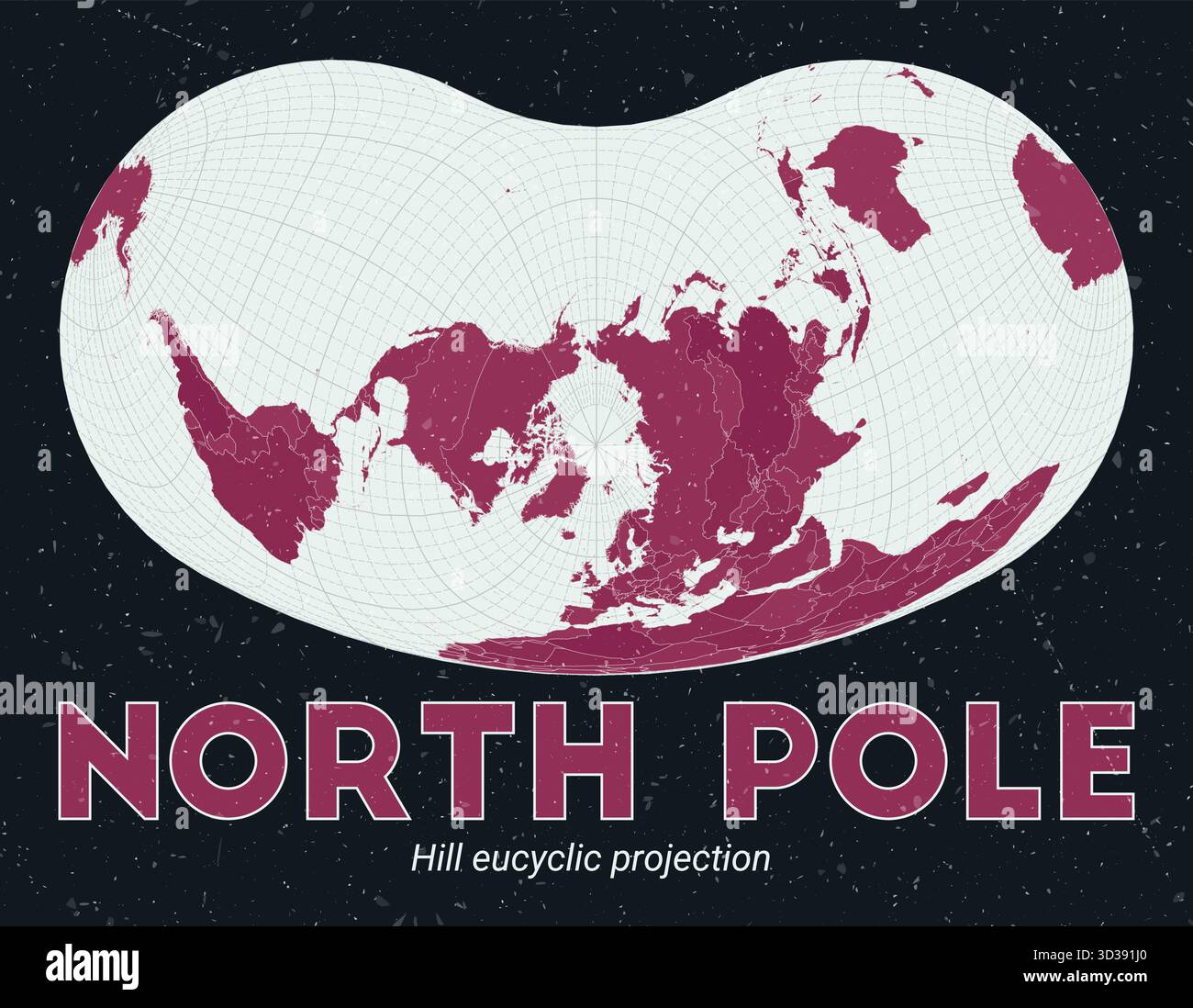 North Pole. World map. Hill eucyclic projection centered to North Pole ...