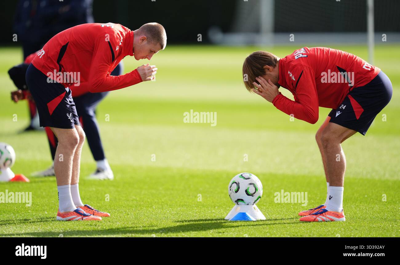 Crystal Palace's Adam Wharton (left) and Borna Sosa during a training session at the Crystal ...