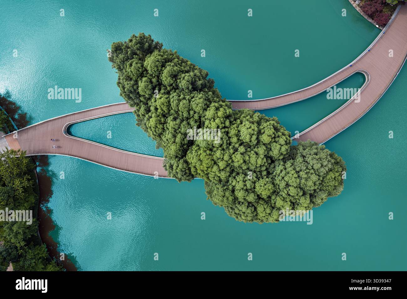 Aerial view of a jade-colored lake embracing a verdant island, bisected ...