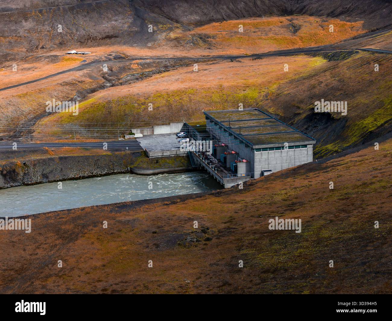 Aerial hydroelectric intake in Icelandic highlands near Landmannalaugar ...