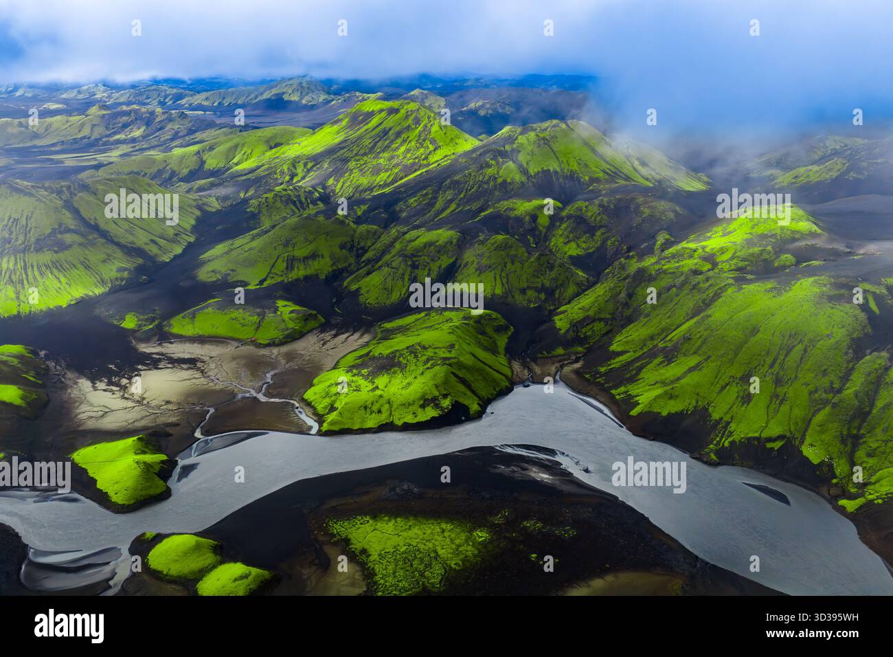 Aerial view of Landmannalaugar highlands with mossy ridges and rivers ...