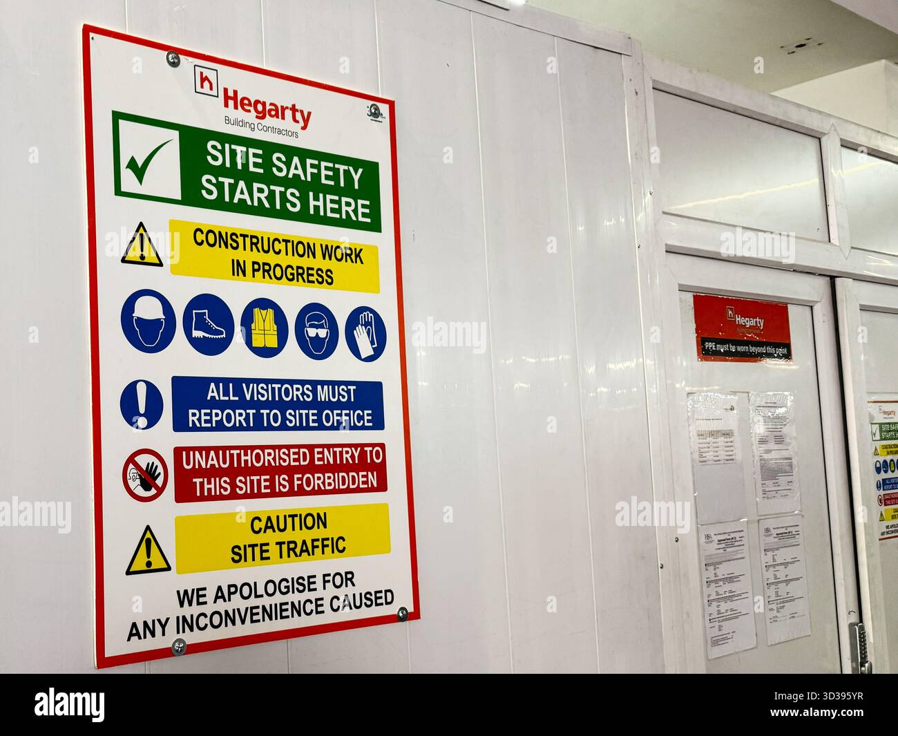 Dublin, Ireland - October 24, 2025: Construction site safety signs and ...