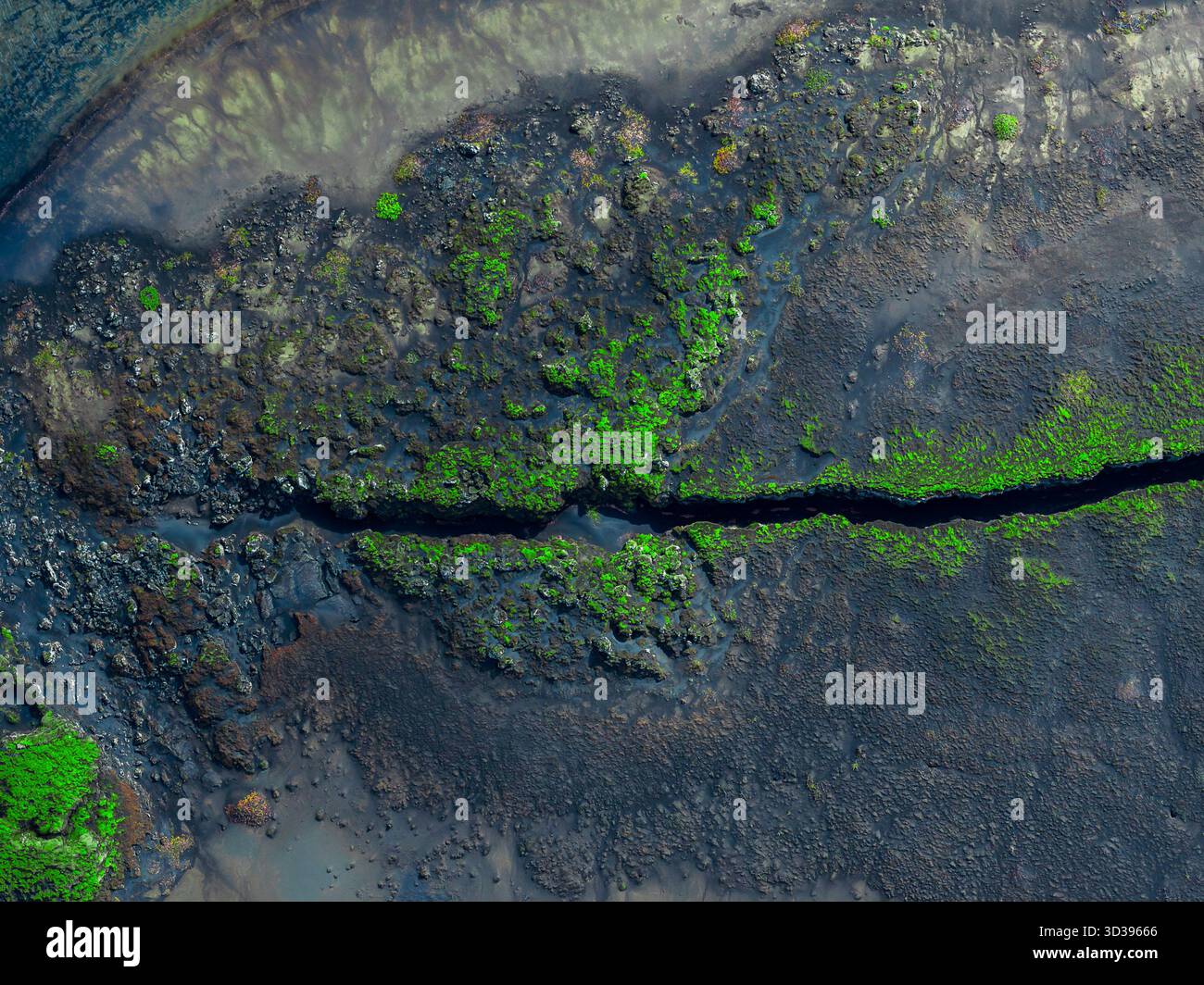 Aerial Icelandic lava field with fissure and neon moss near Vik Stock ...