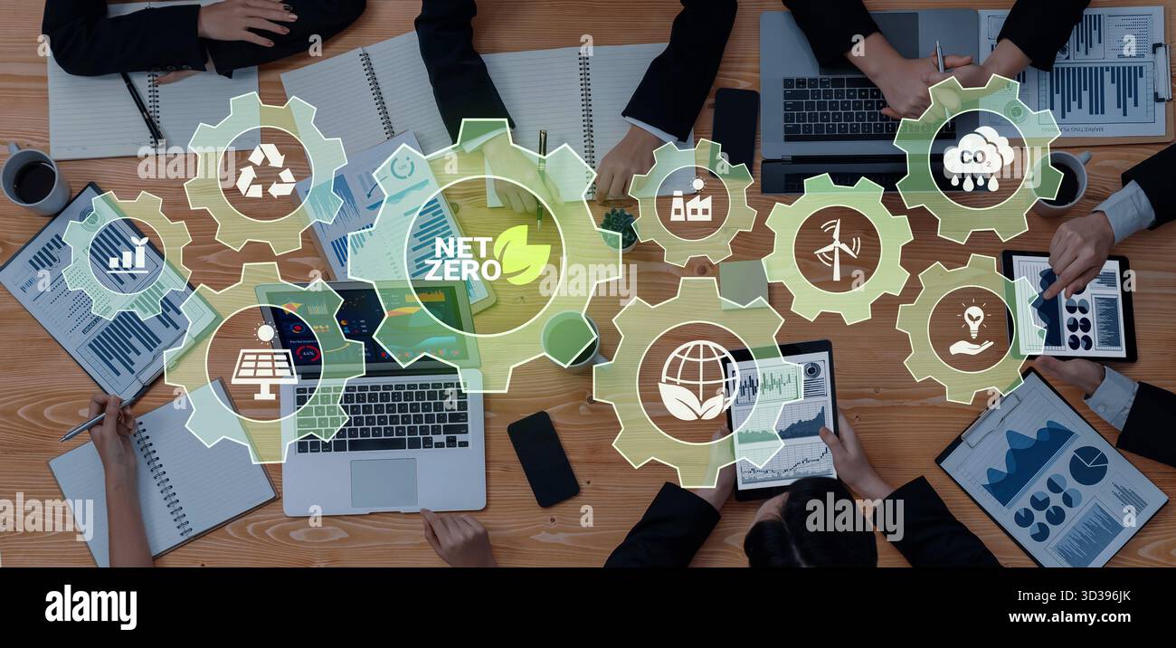 Interconnected green gears with icons representing renewable energy ...