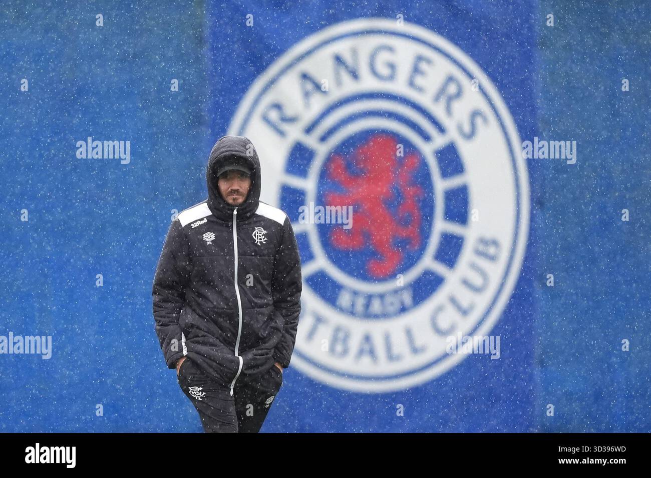 Rangers manager Danny Rohl with the club badge in the background during ...