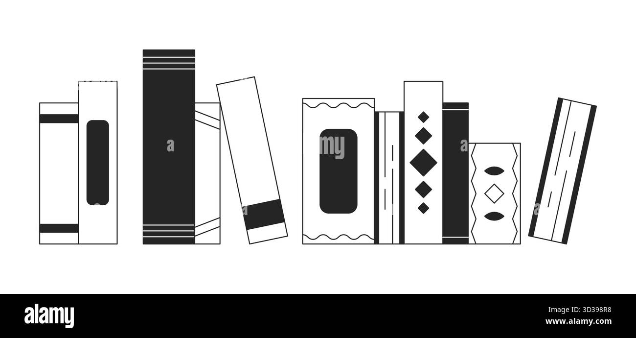 Arrangement of various books standing and leaning on shelf 2D line ...