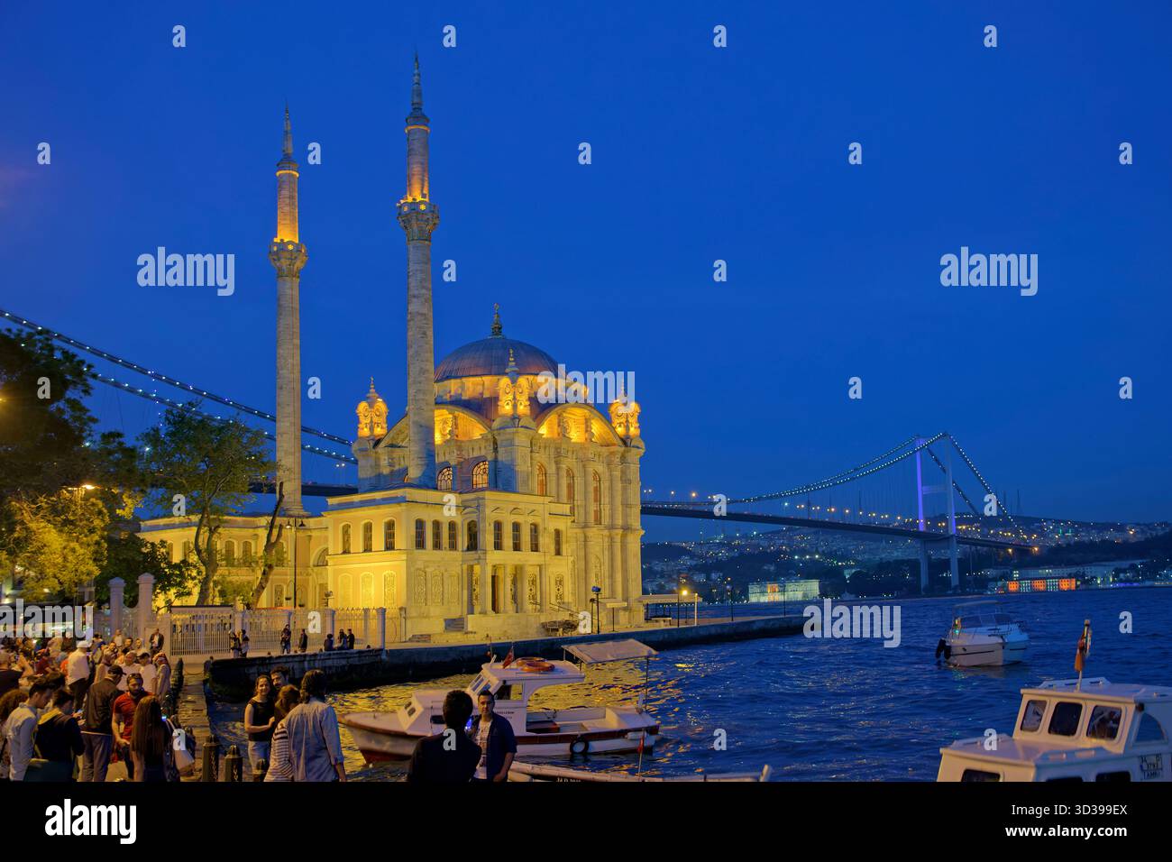 Ortakoy Bosphorus waterfront with the first Bosphorus bridge, Istanbul ...