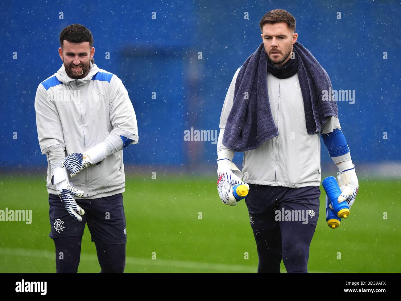 Rangers goalkeepers Jack Butland (right) and Liam Kelly during a training session at the Rangers ...