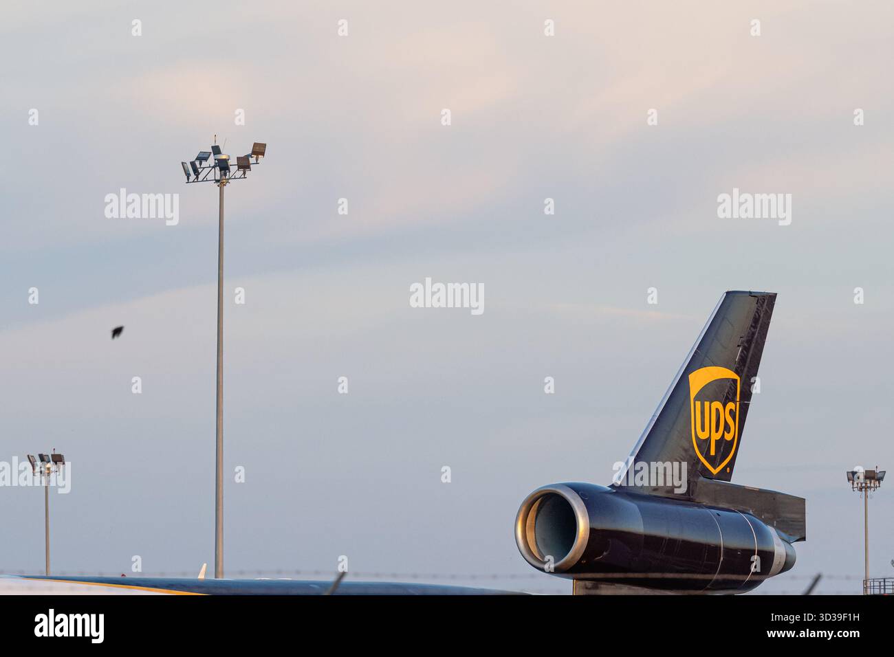The tail engine of a UPS MD-11 is seen at UPS Worldport at Louisville ...