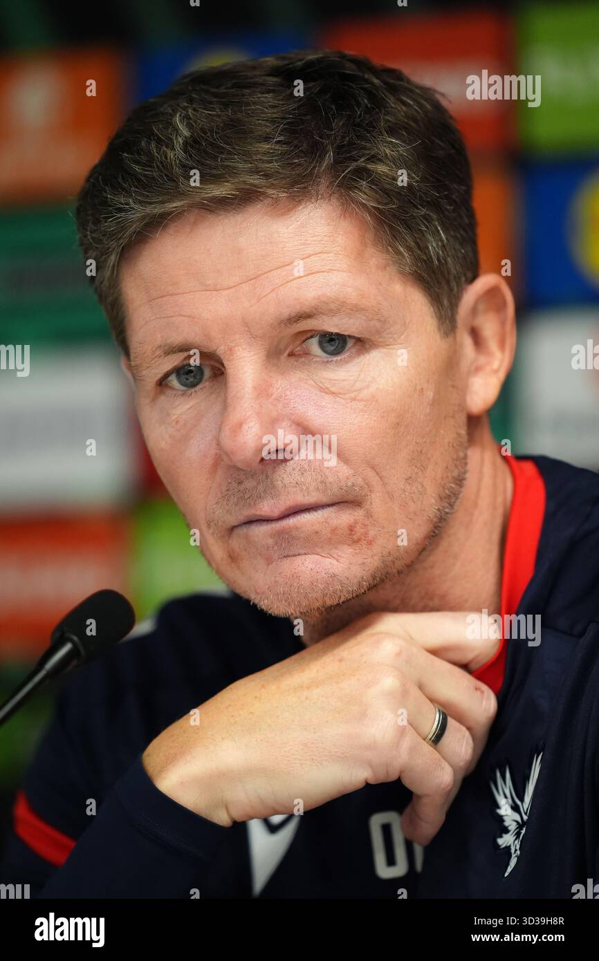 Crystal Palace manager Oliver Glasner during a press conference at the ...
