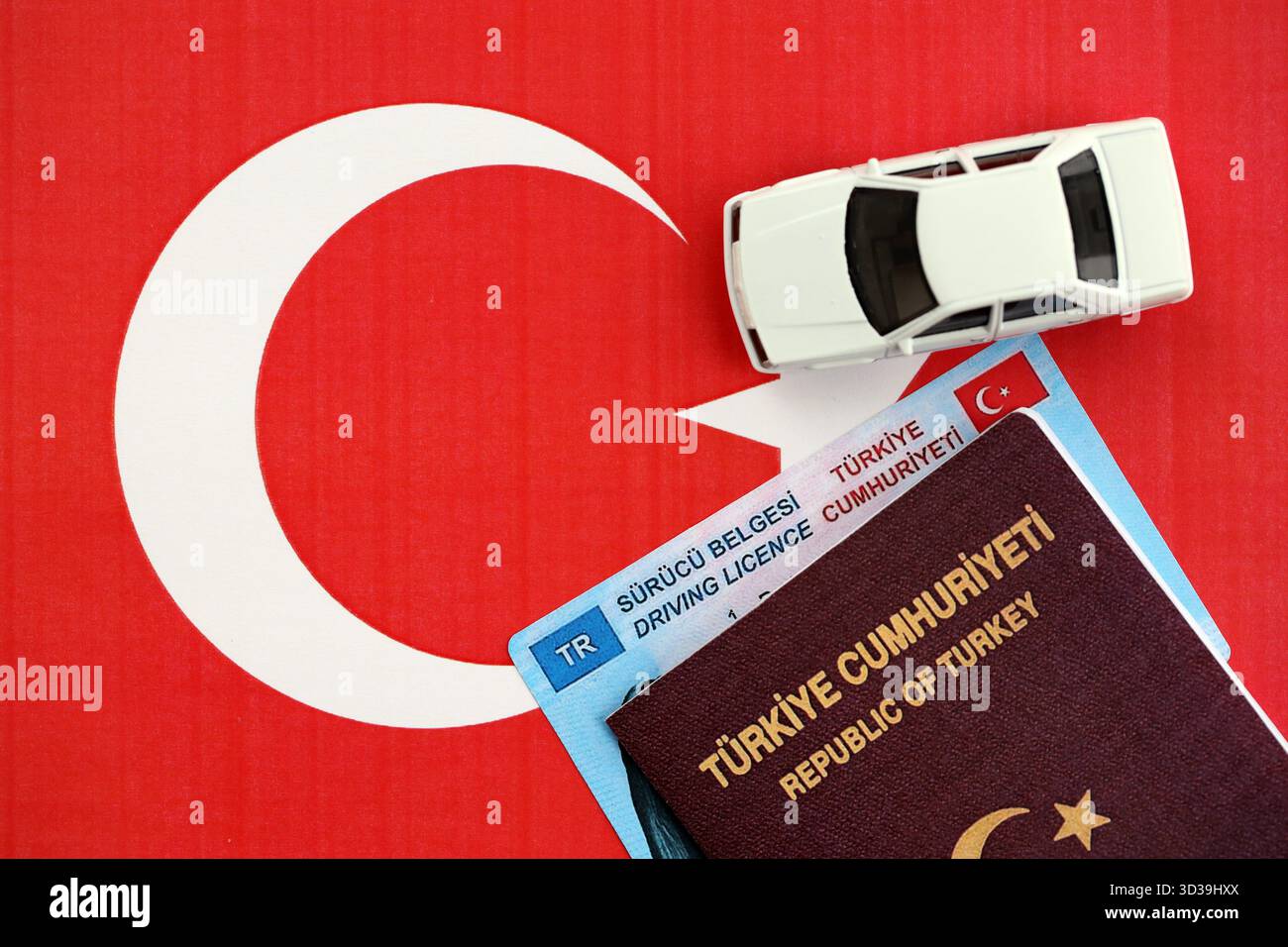 Turkiye driving permit concept. Driver license with passport and toy ...