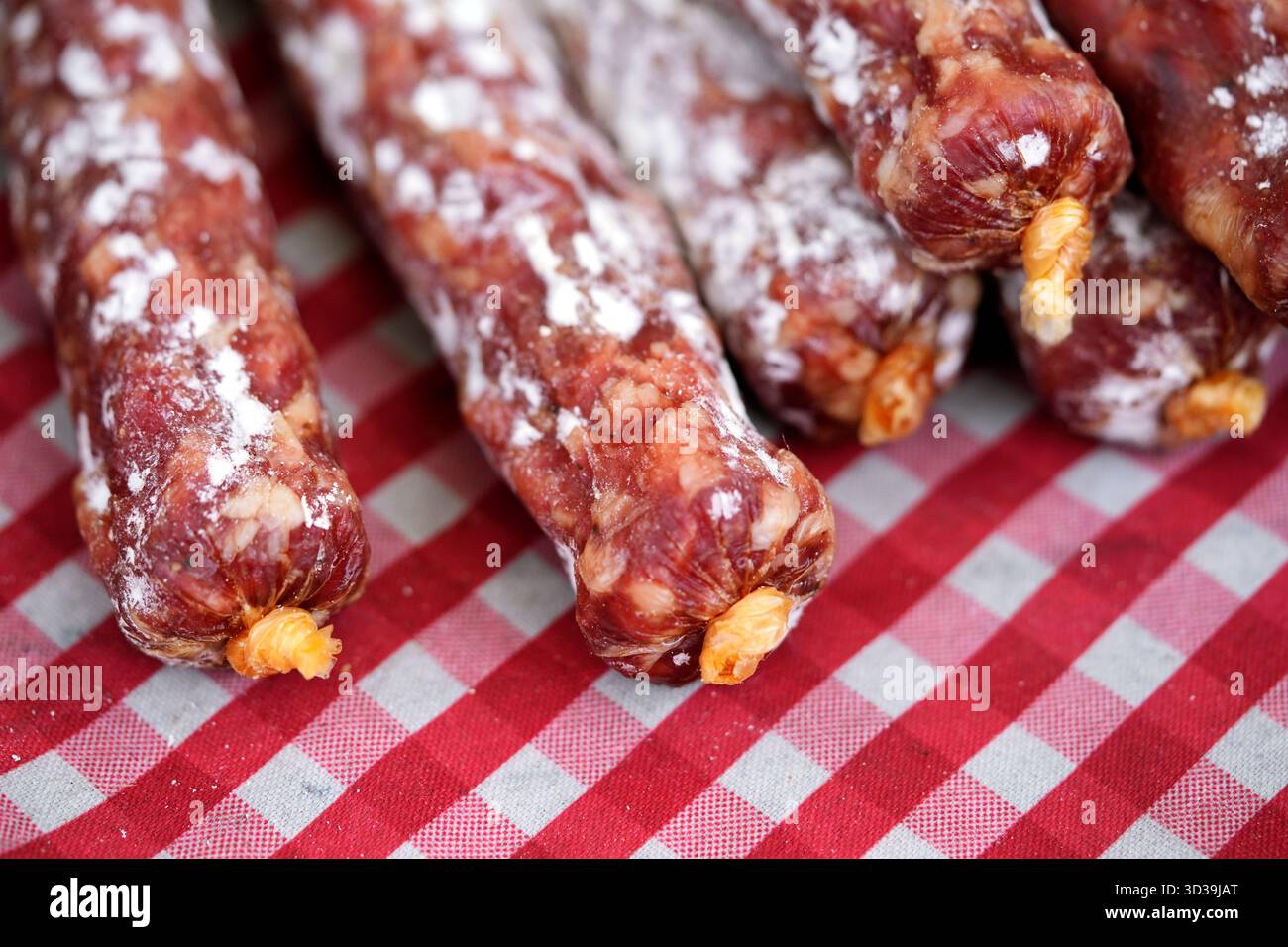 Concept of Parma cured meats, stuffed pork: variety of salamis ...