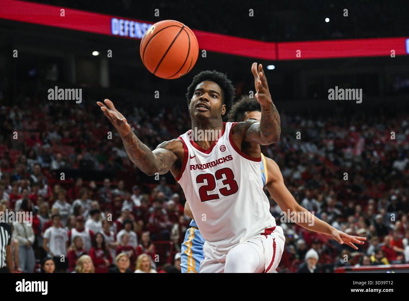 Arkansas forward Nick Pringle (23) pulls in a rebound against Southern ...