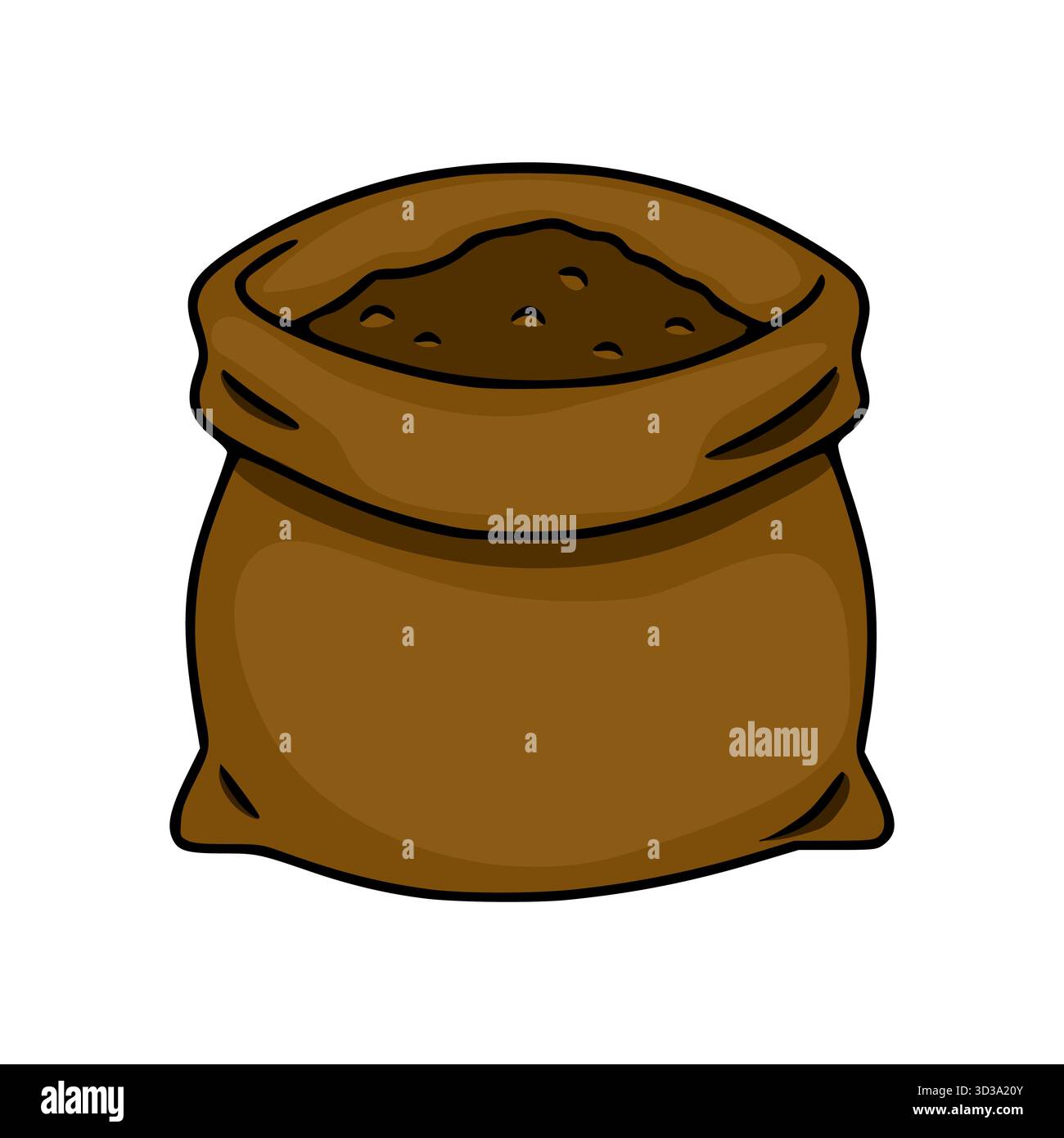 A simple brown burlap sack overflowing with soil, depicted as a clean ...