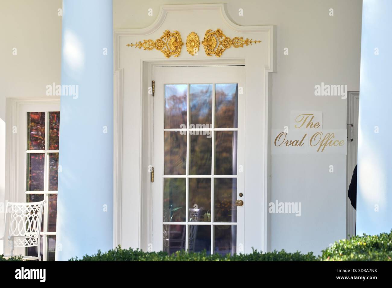 A sign is seen outside the Oval Office before President Donald Trump ...