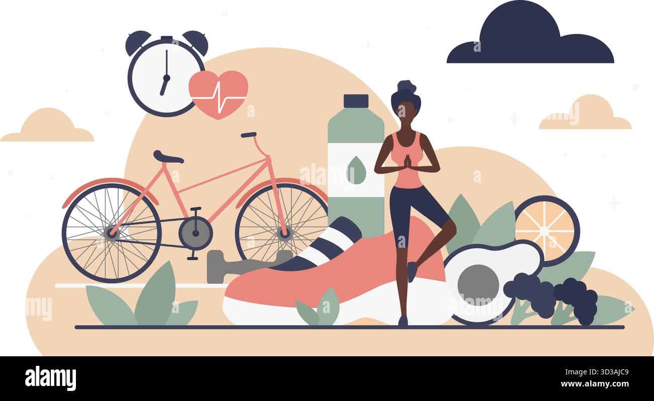 Balanced living concept showing exercise, nutritious food, hydration ...