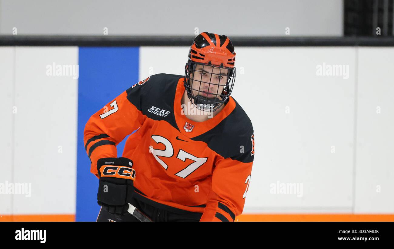 Princeton's Jaxson Ezman (27) is seen during warmups before an NCAA ...