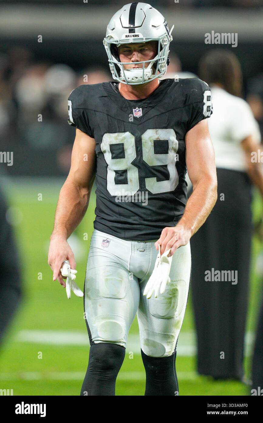 Las Vegas Raiders tight end Brock Bowers (89) walks off the field after ...