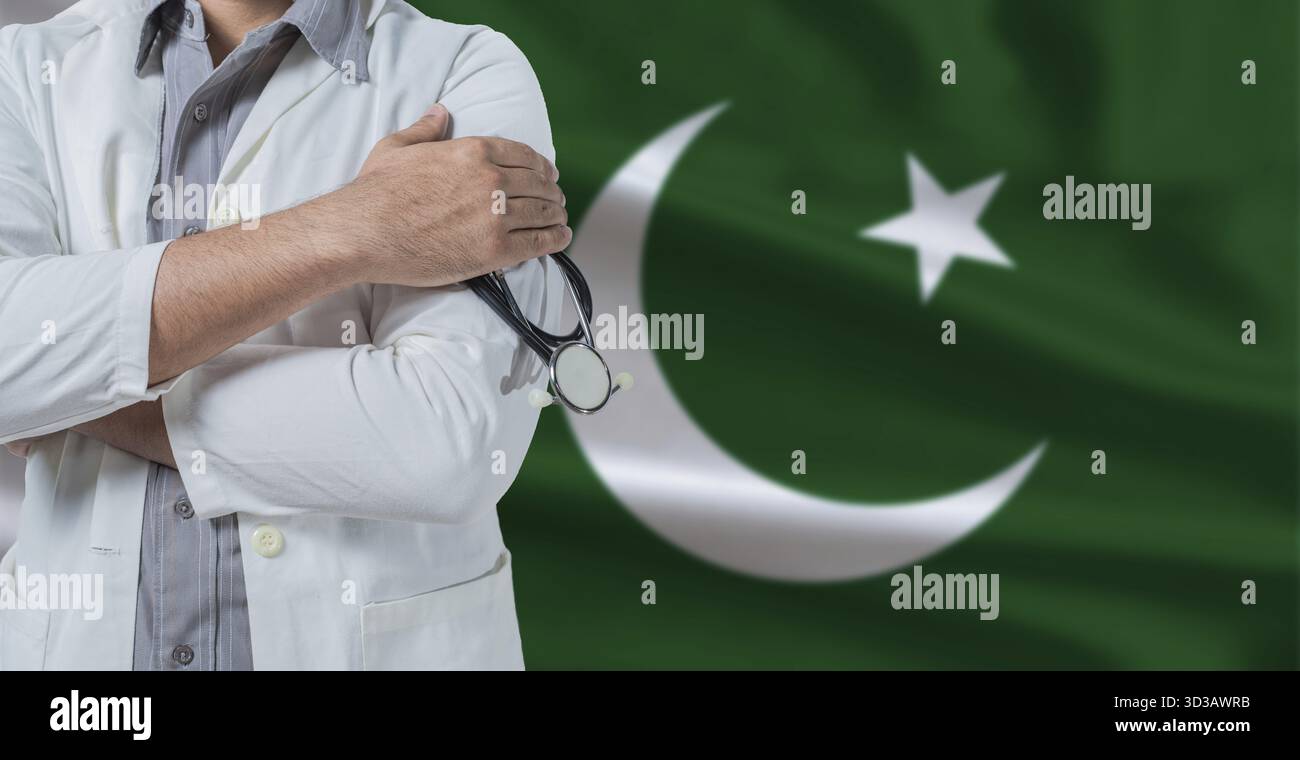 Doctor with stethoscope on arm with Pakistan flag behind. National ...