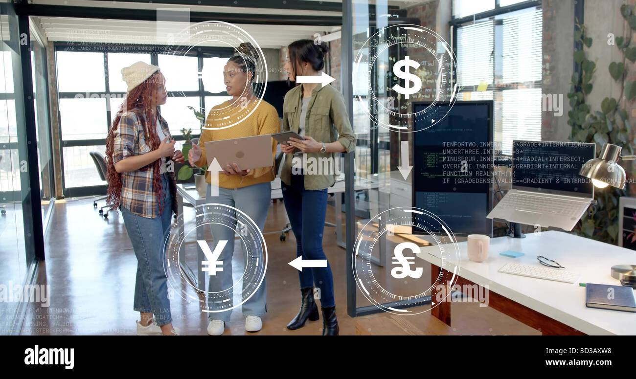 Three women in modern glass office discussing financial tech ideas ...