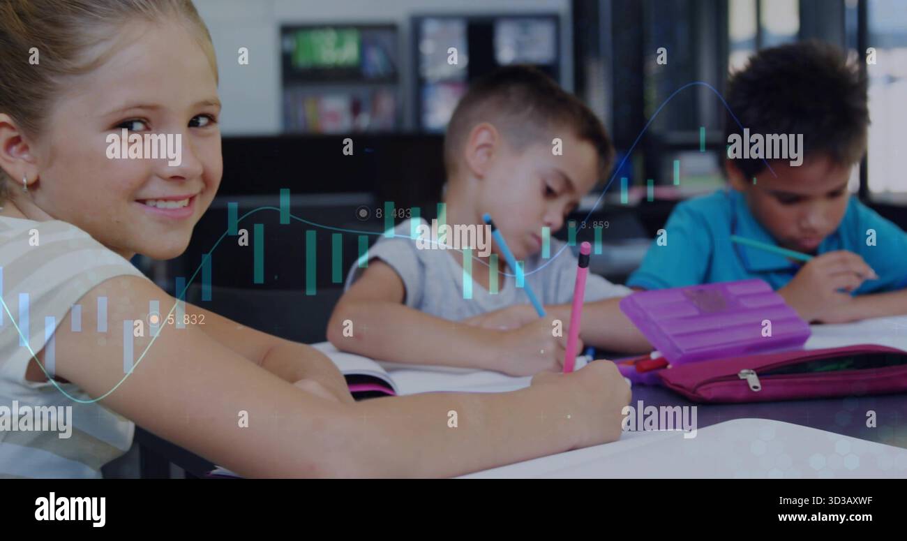Smiling girl student writing at classroom table with notebooks pens and ...