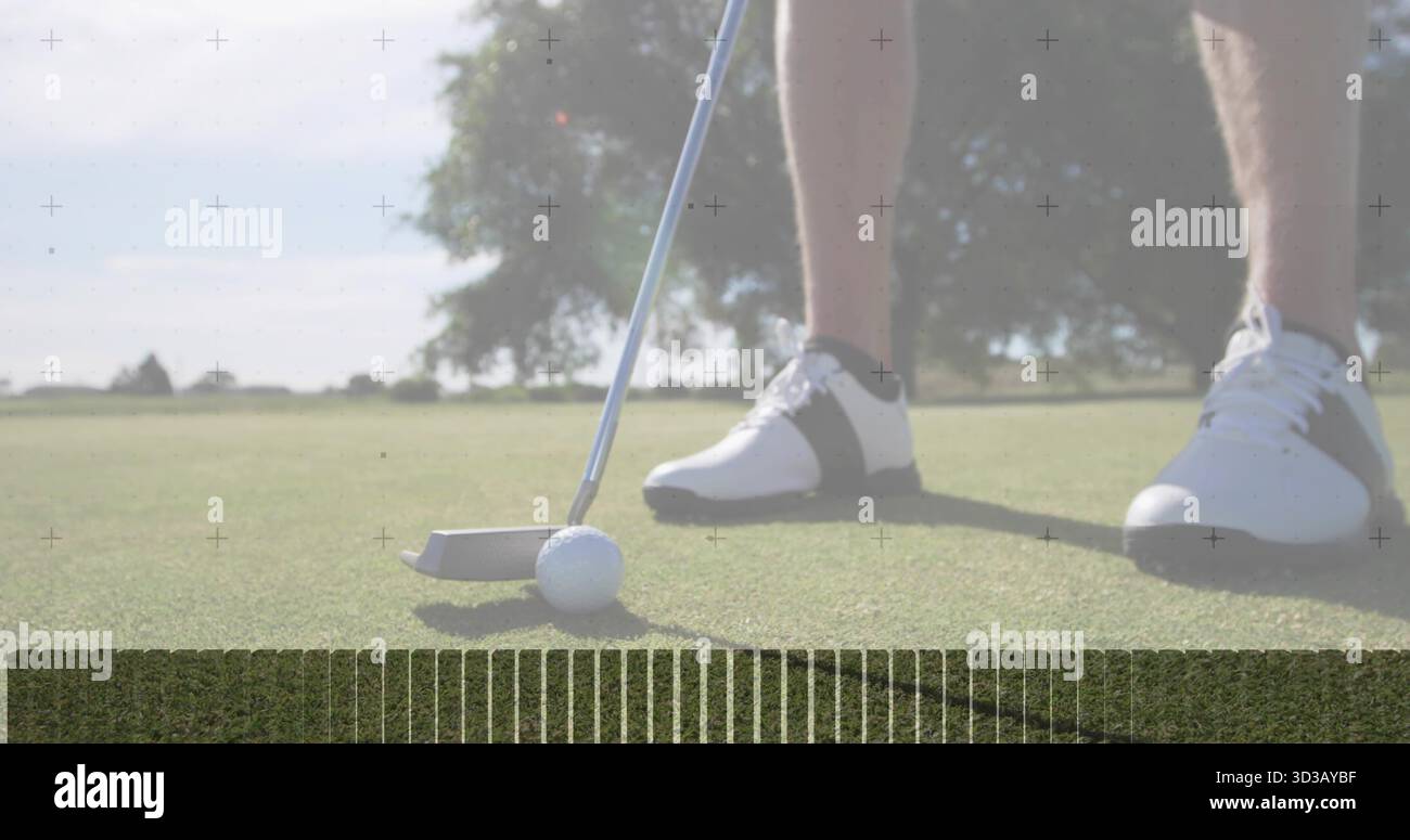 Putter head positioning behind golf ball on putting green by golfer's ...