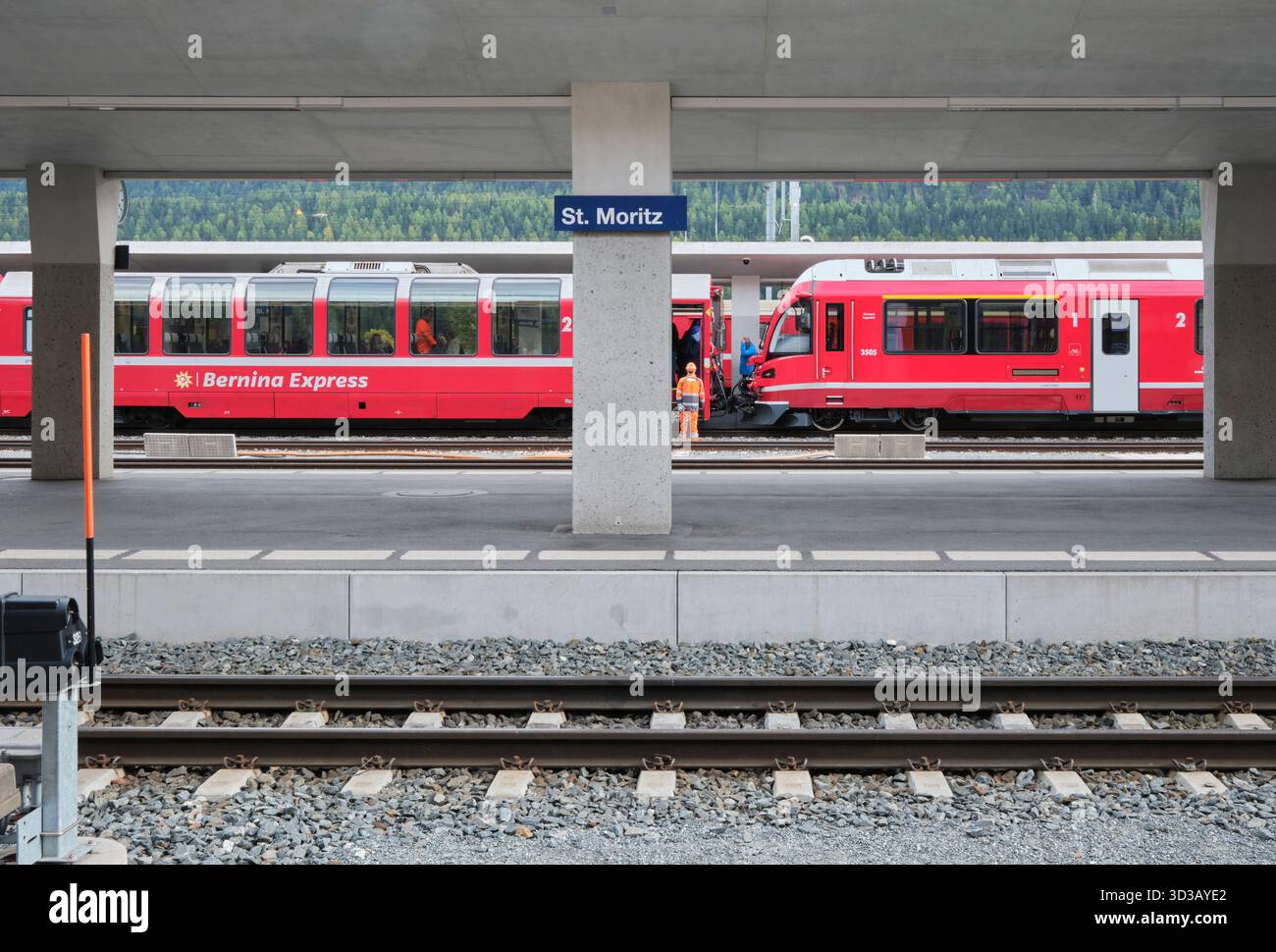 Bernina Express train in St. Moritz station Stock Photo - Alamy