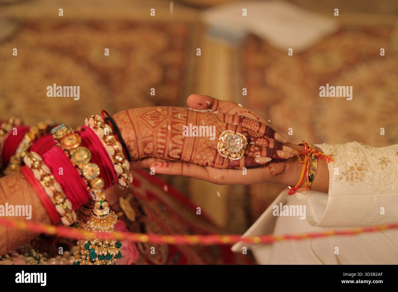 Close-up of an Indian bride and groom holding hands during a ...