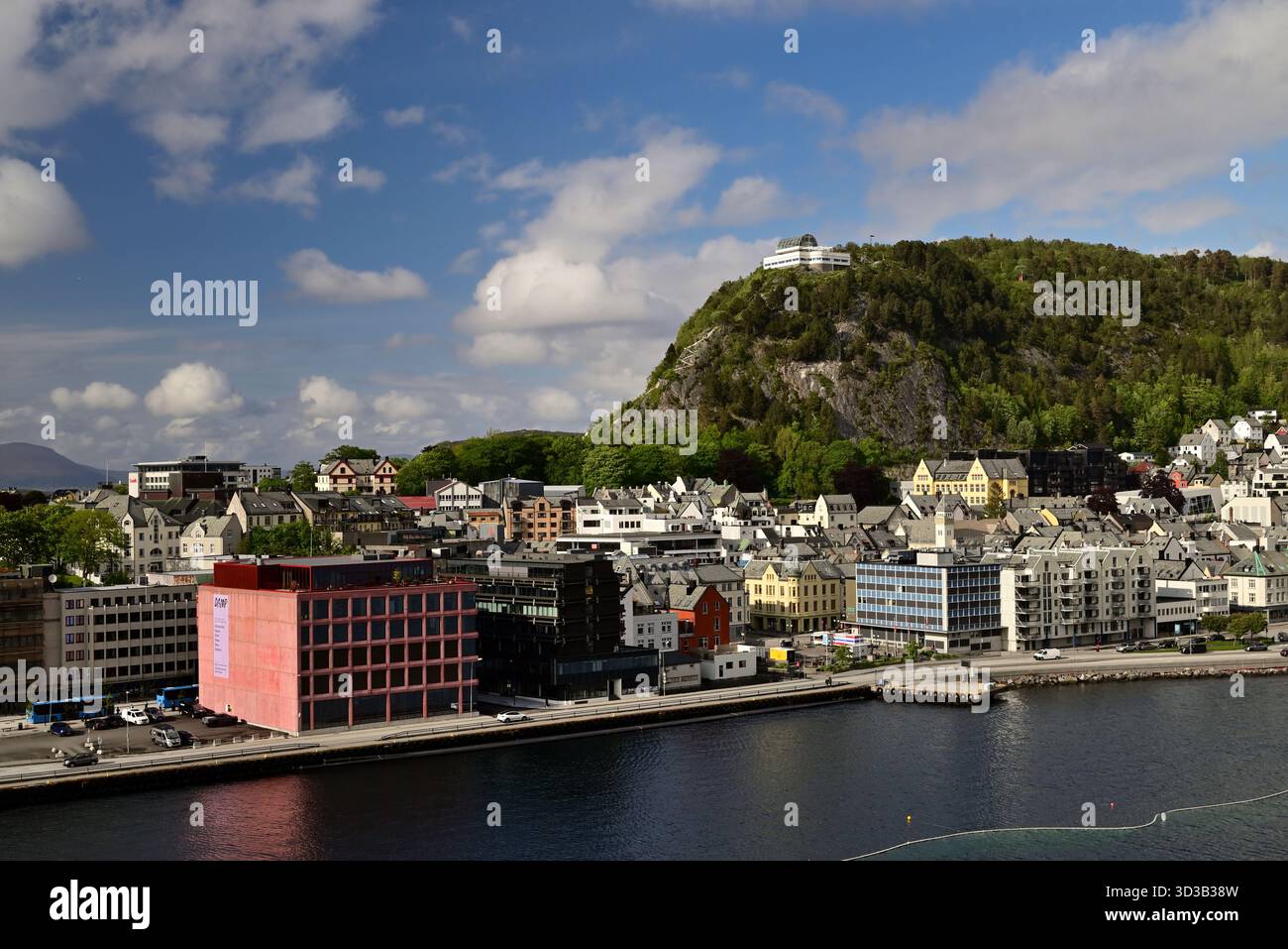 The waterfront at Alesund in Western Norway, overlooked by the Aksla ...