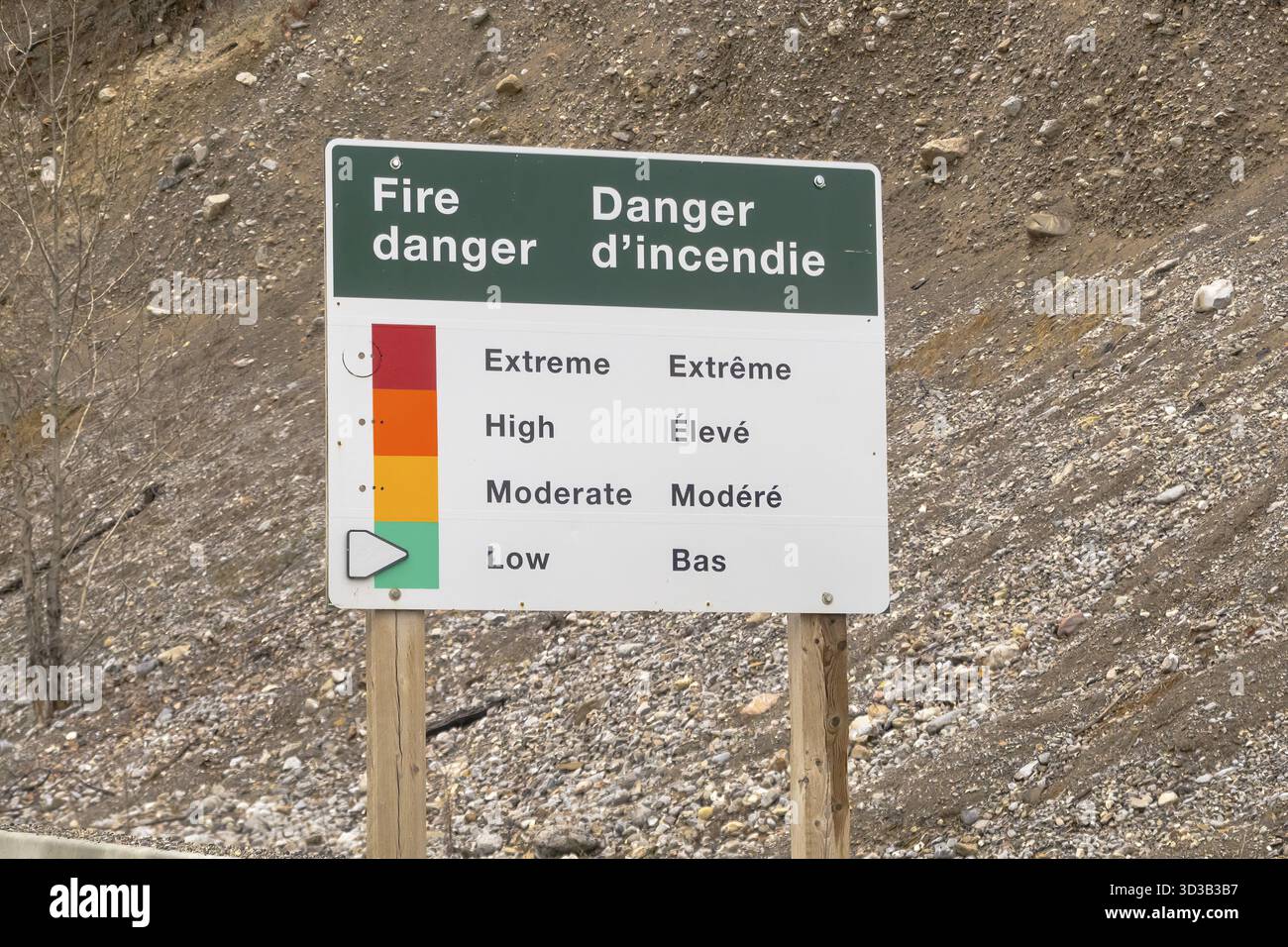 Banff, Alberta, Canada. Apr 2, 2025. A Fire danger sign with levels ...