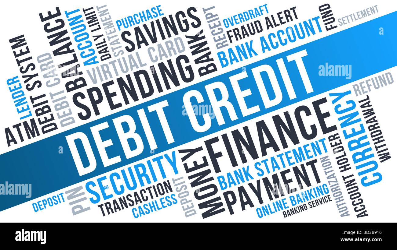 Debit credit finance word cloud, banking transaction and security term ...