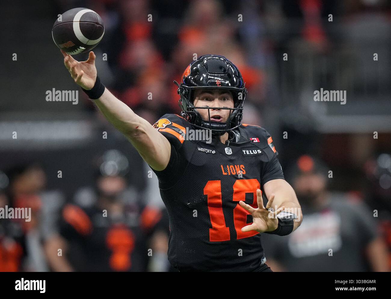 B.C. Lions quarterback Nathan Rourke passes during the second half of ...