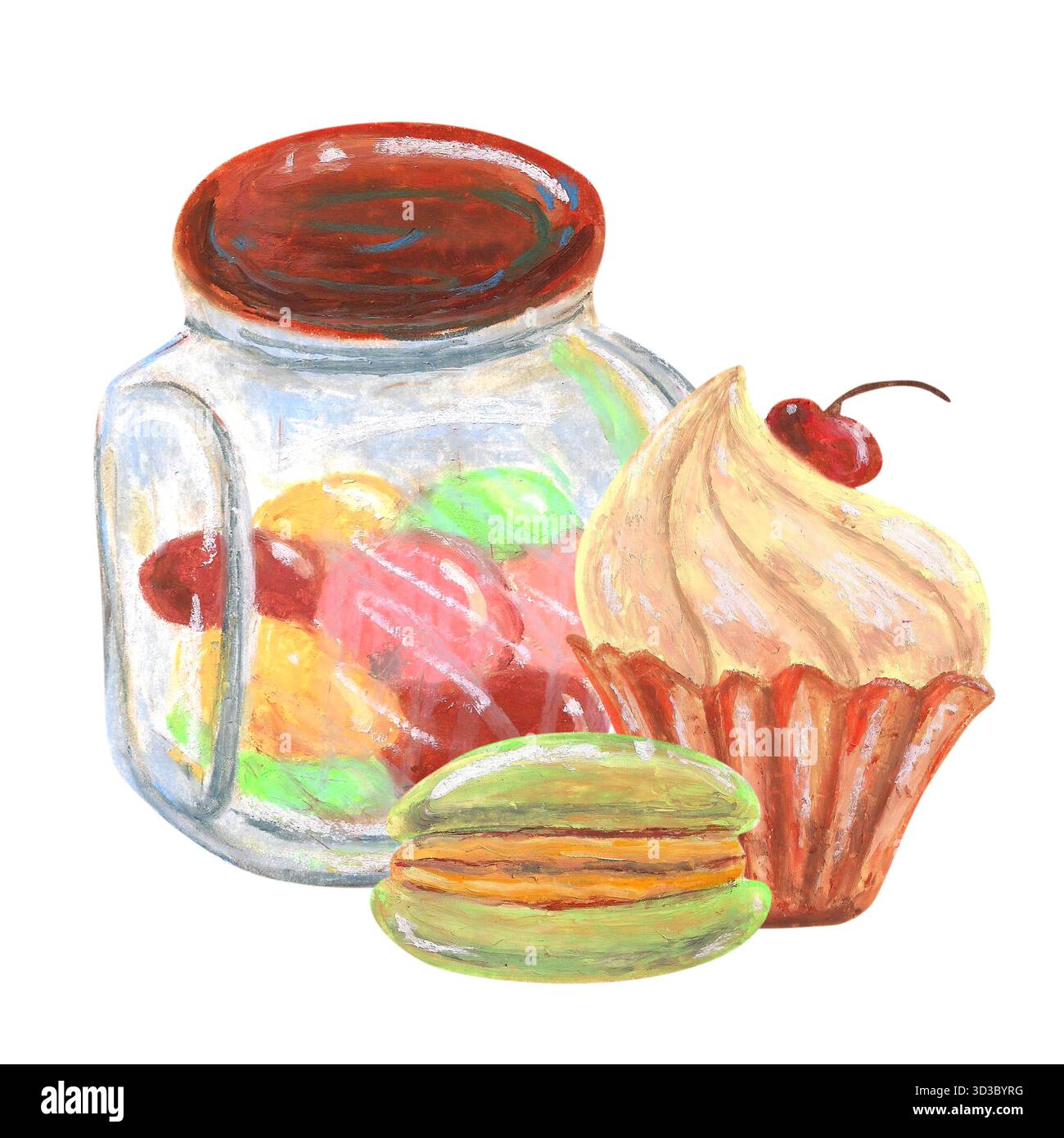 French Macaroon cupcake with cherry, jar of candies. Oil pastel drawn ...