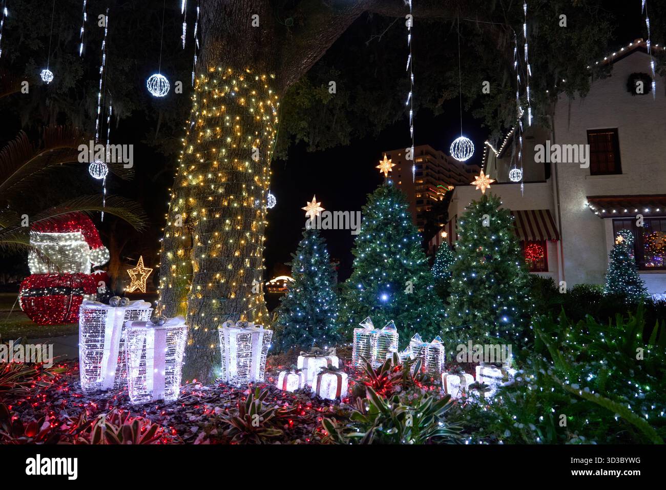 Shimmering present boxes glow beside star-topped trees and a wrapped ...