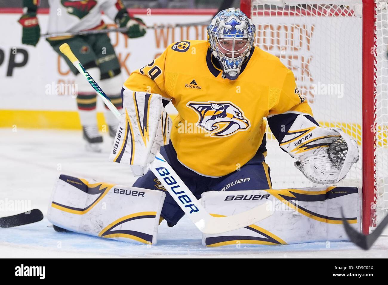 Nashville Predators goaltender Justus Annunen (29) follows play during ...