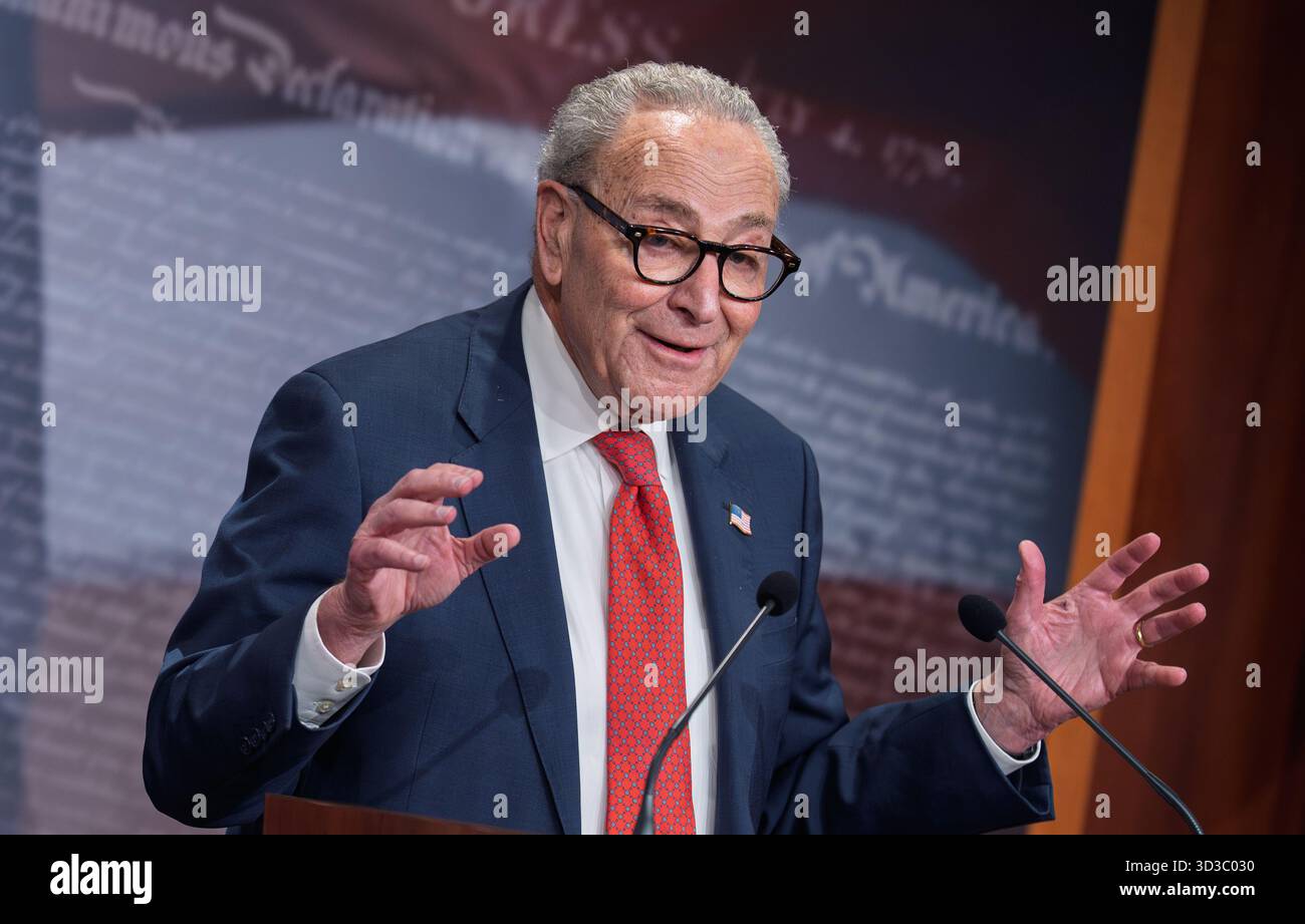Senate Minority Leader Chuck Schumer, D-N.Y., speaks to reporters about ...