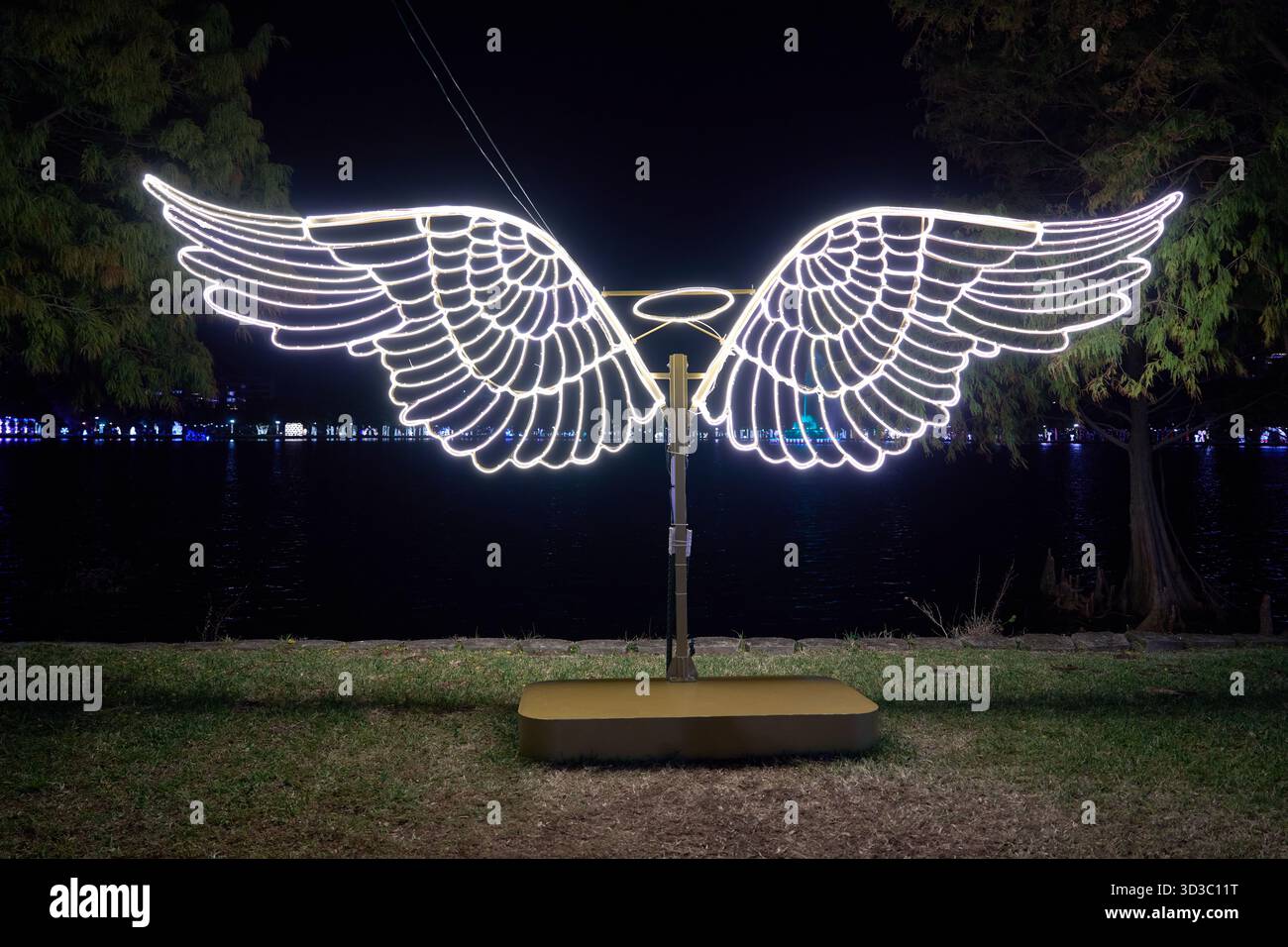 A glowing LED angel wings sculpture shines at night by the lake. Bright ...